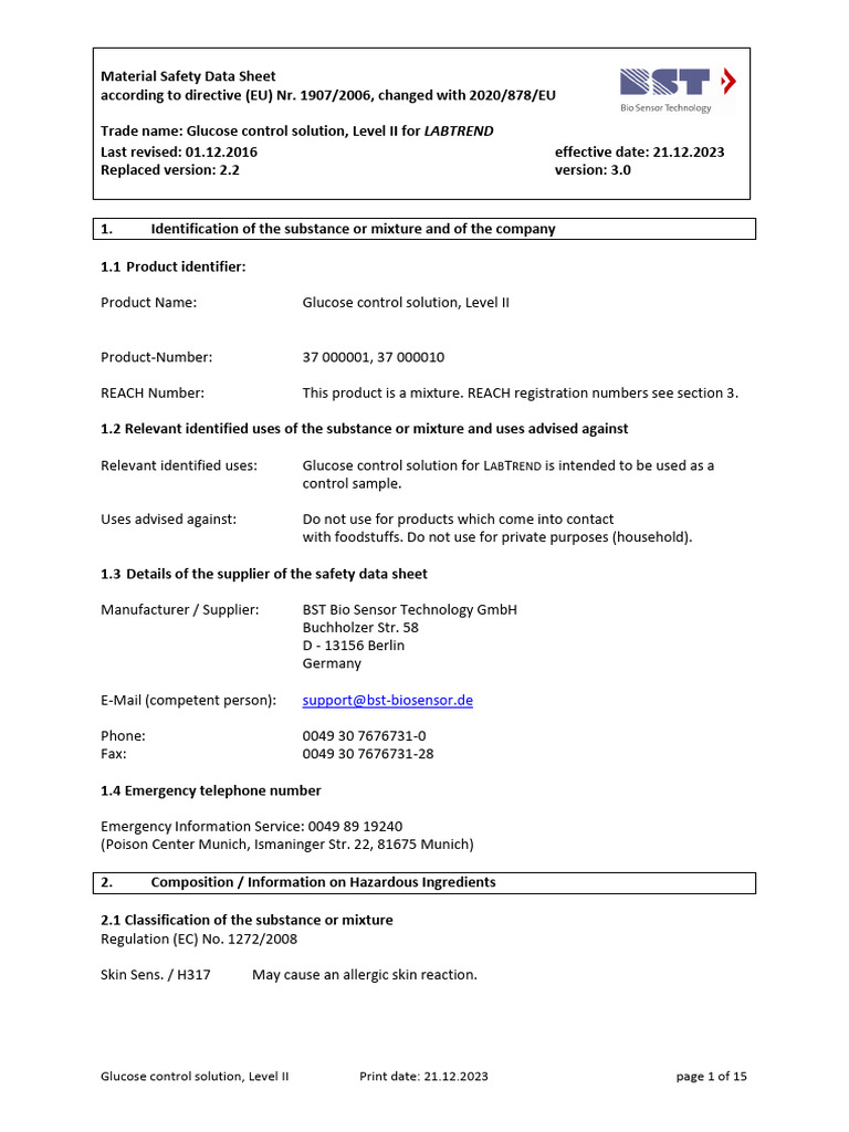Glucose Control Solution Level II MSDS | PDF | Dangerous Goods | Safety