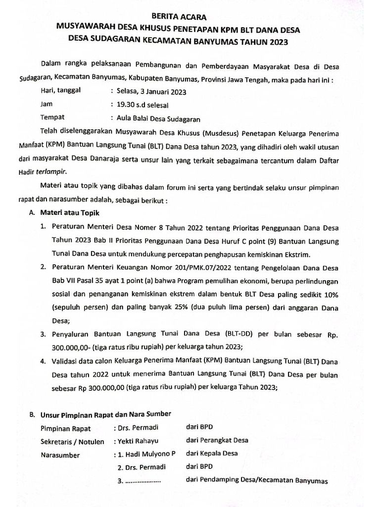 Berita Acara Musyawarah Desa Khusus Penetapan KPM BLT DD TA 2023 | PDF