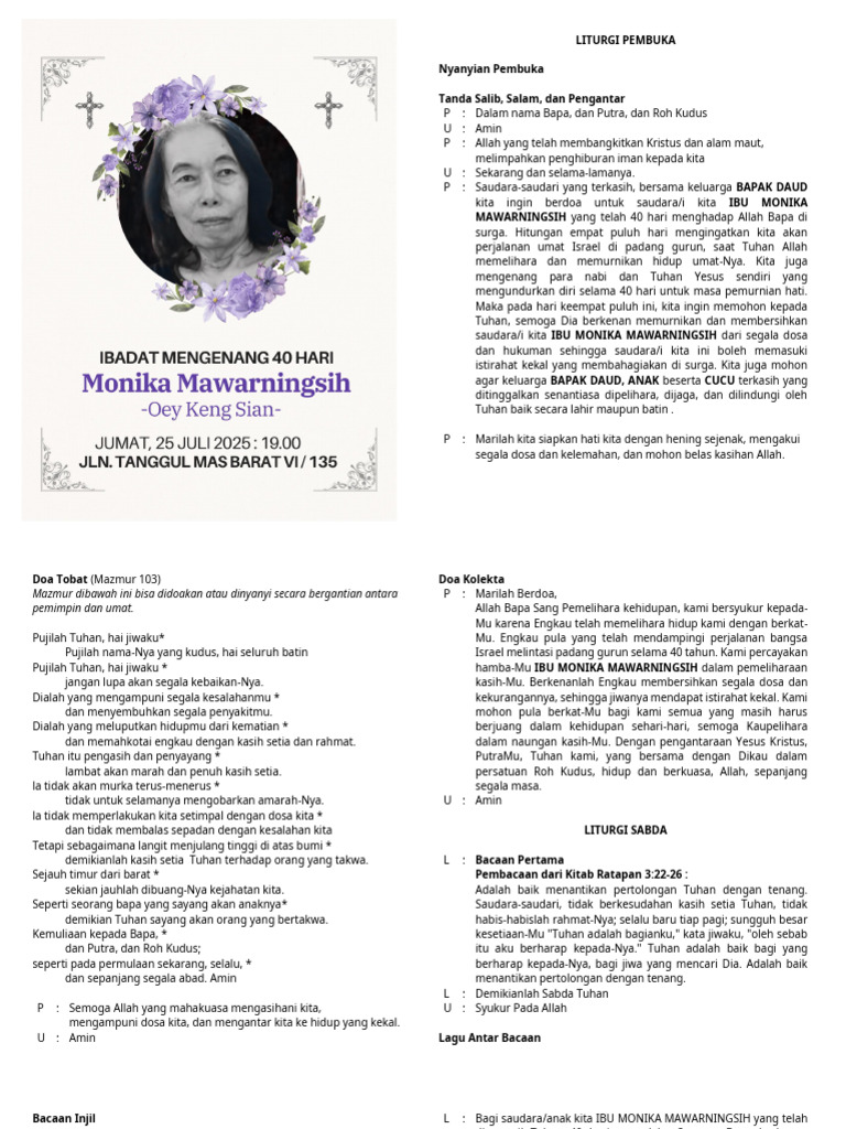 Ibadat 40 Hari Ibu Monica Mawarningsih | PDF