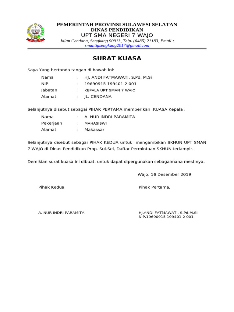 Surat Kuasa Pengambilan Skhun 2019 Contoh | PDF