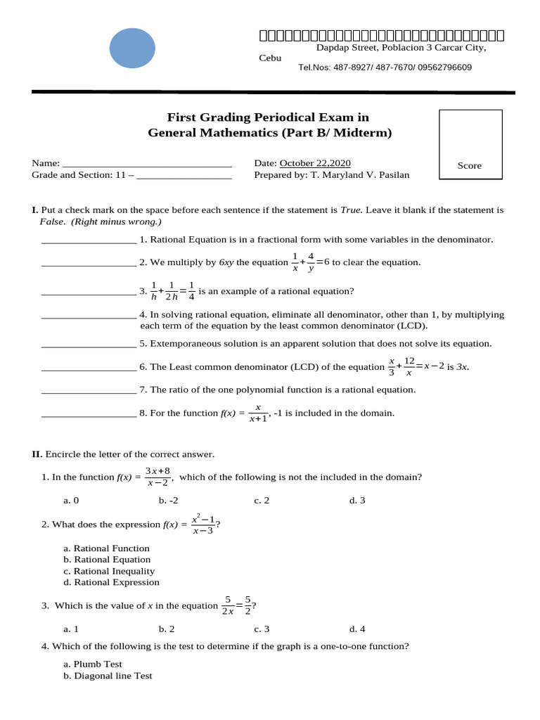 Periodical Exam in General Mathematics (Part A) | PDF | Equations ...