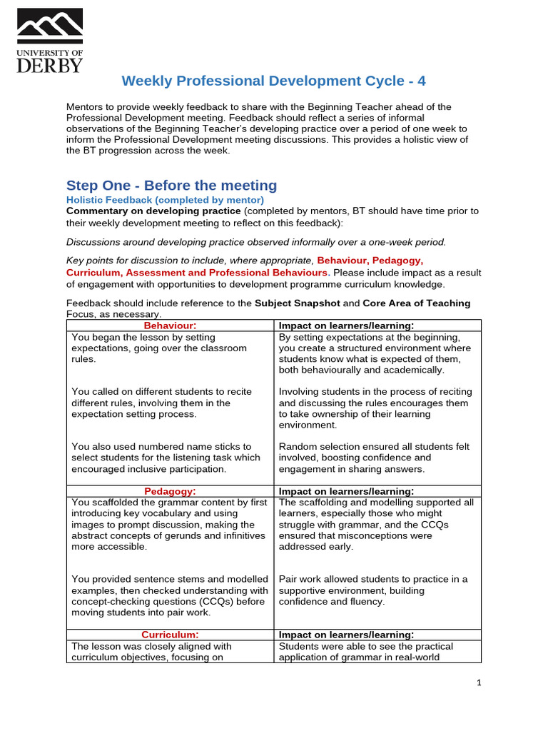 4 - Weekly Professional Development Cycle 2024-25 | PDF | Learning ...