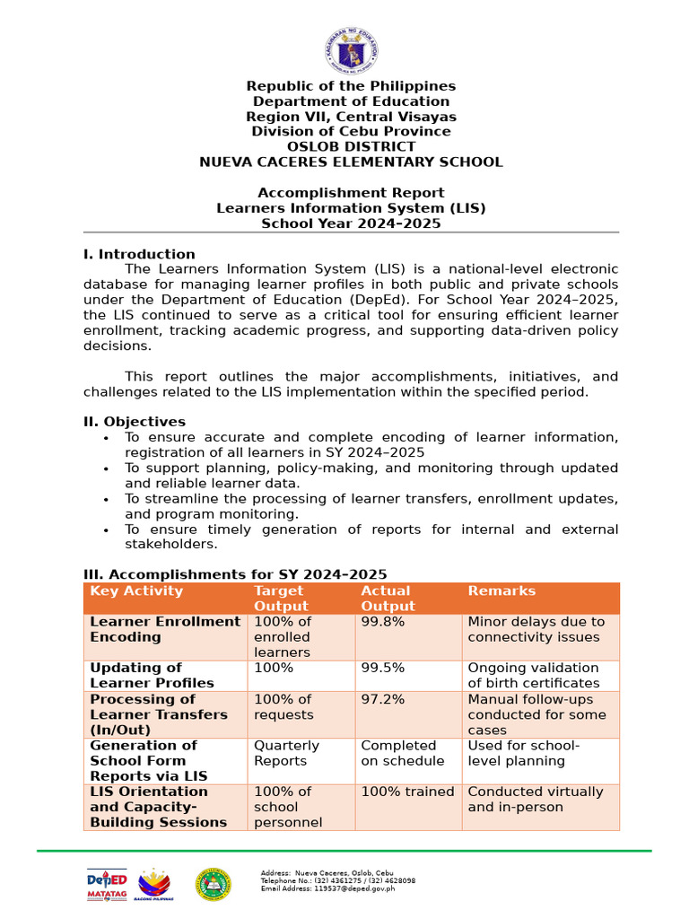 Accomplishment Report On LIS 2024-2025 | PDF | Information Technology | Computing