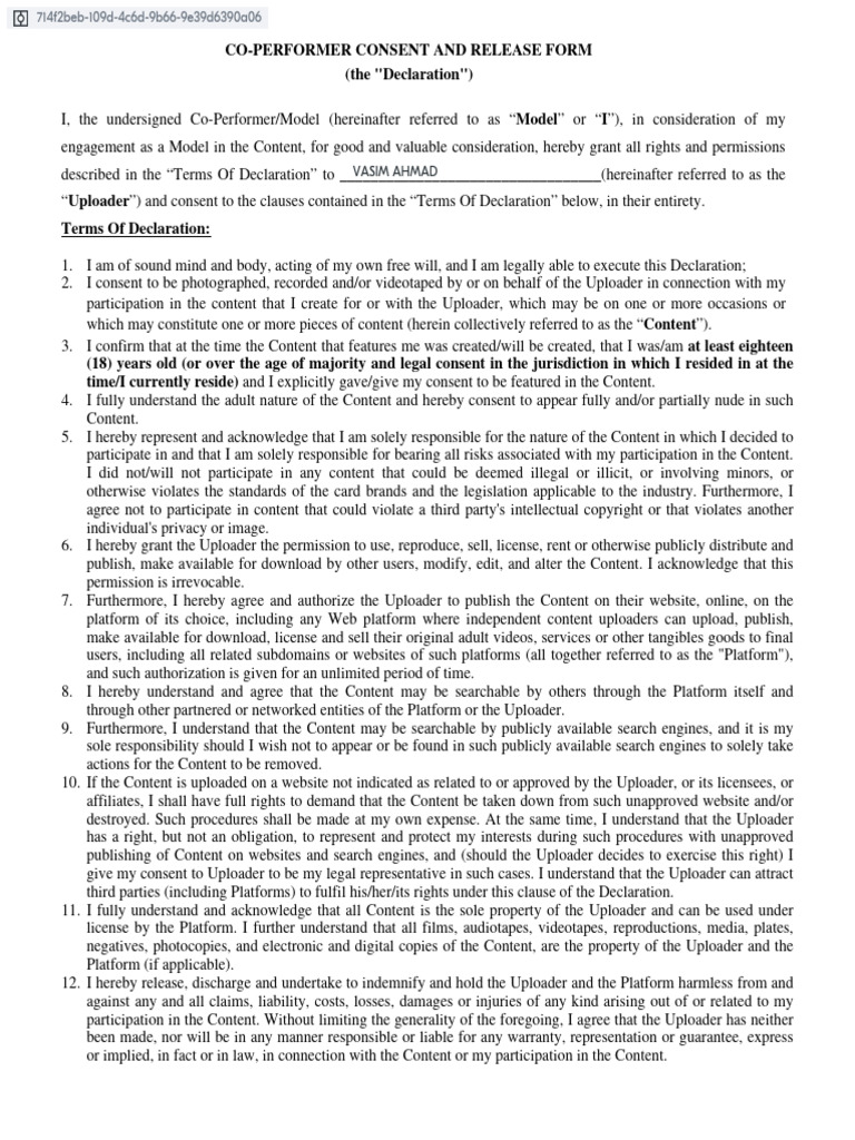 Co-Performer Consent and Release Form and Consent To The Processing of ...