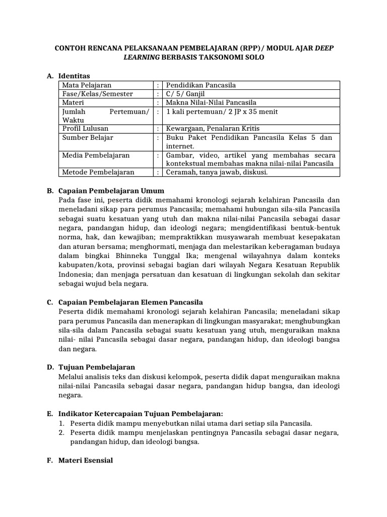 Contoh RPP Deep Learning Berbasis Taksonomi SOLO - SD | PDF
