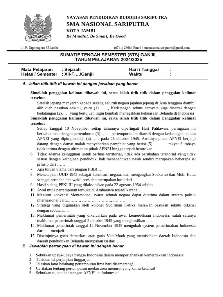 Soal Sts Ganjil Sejarah Xii 2024-2025 | PDF