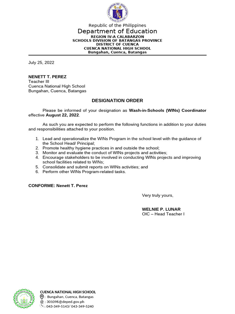 WINs Coordinator Designation Order | PDF
