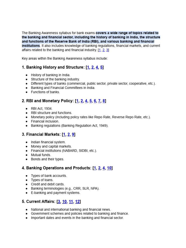 Banking Awareness Syllabus Overview | PDF | Reserve Bank Of India | Banks