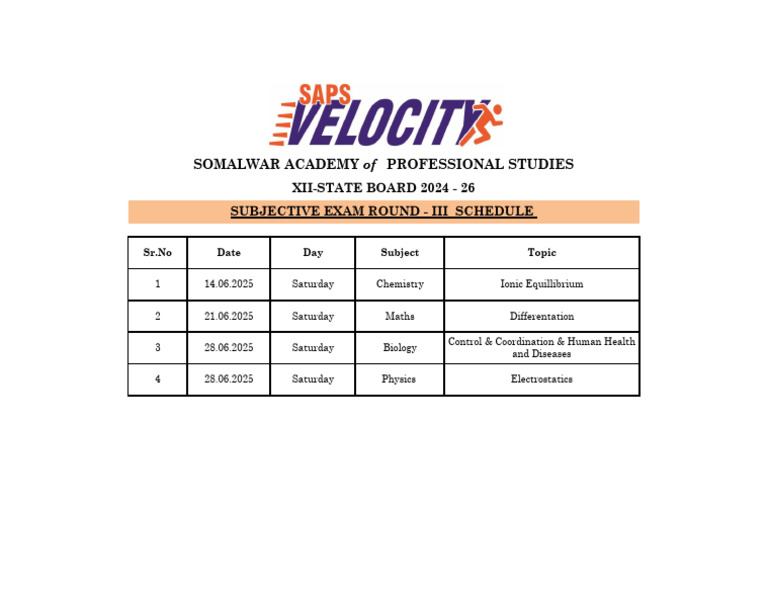 XII-Velocity Batch Board Exam Round-III Schedule | PDF