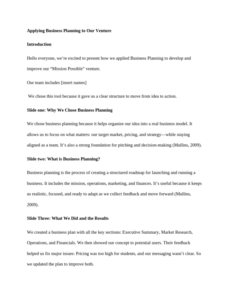 Applying Business Planning To Our Venture | PDF