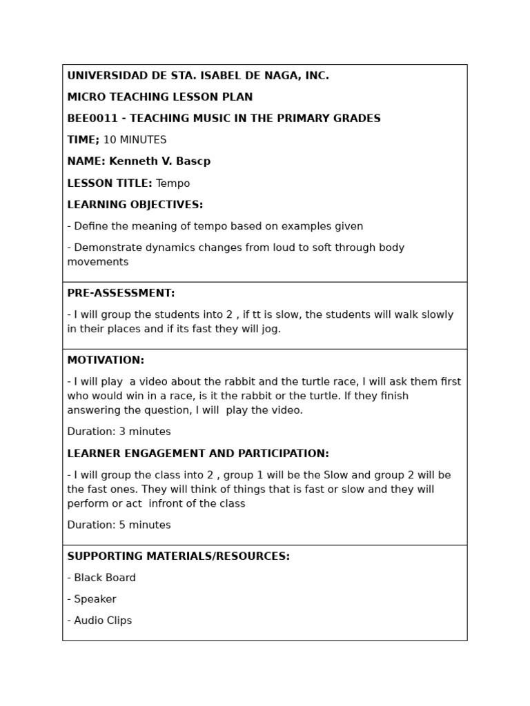 Micro Teaching Lesson Plan in Music | PDF