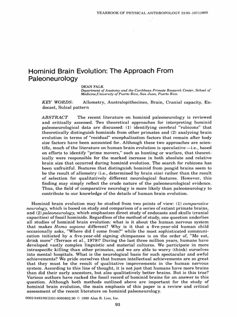 Hominid Brain Evolution The Approach From Paleoneurology | PDF | Hominidae | Neocortex