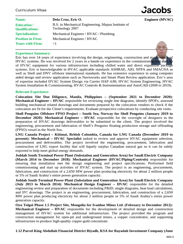 Eric Dela Cruz: HVAC Engineer CV | PDF | Liquefied Natural Gas