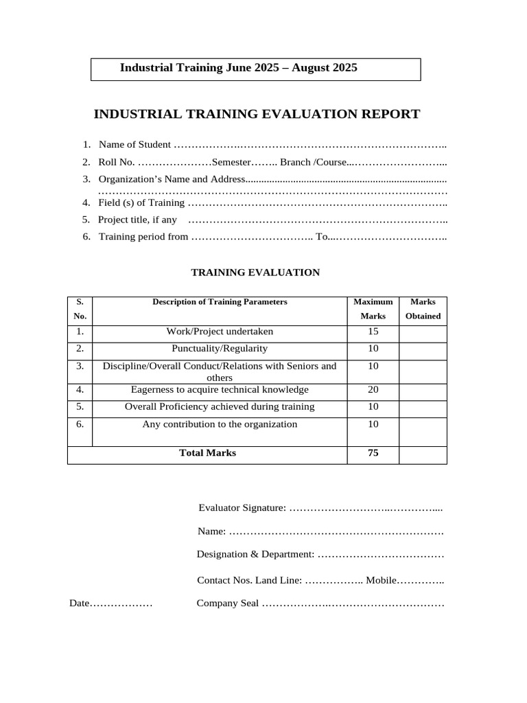 Indus. TRG Evaluation Report Proforma - 7th Sem | PDF