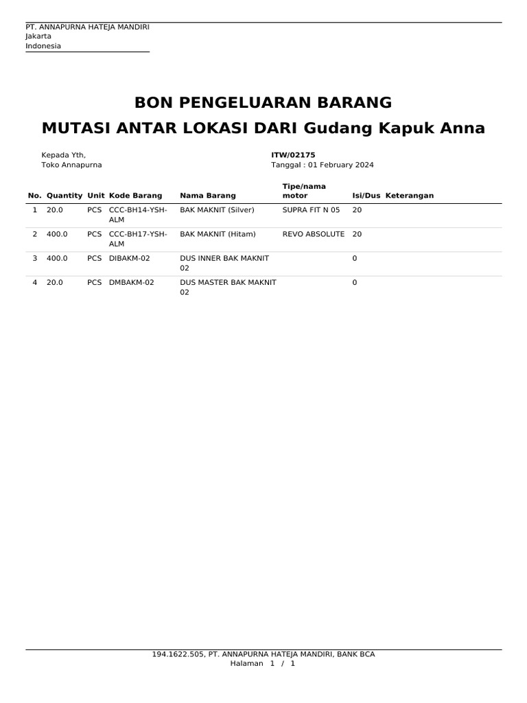 Bon Pengeluaran Barang Mutasi Antar Lokasi Dari Gudang Kapuk Anna | PDF