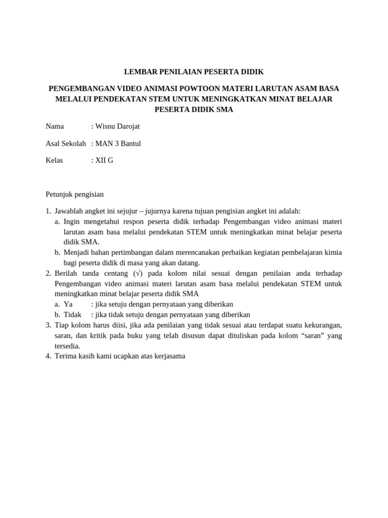lembar penilaian wisnu | PDF