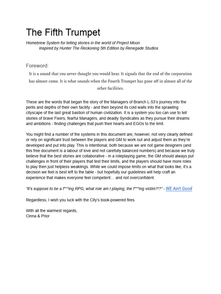 The Fifth Trumpet - V0.1 System | PDF | Anger