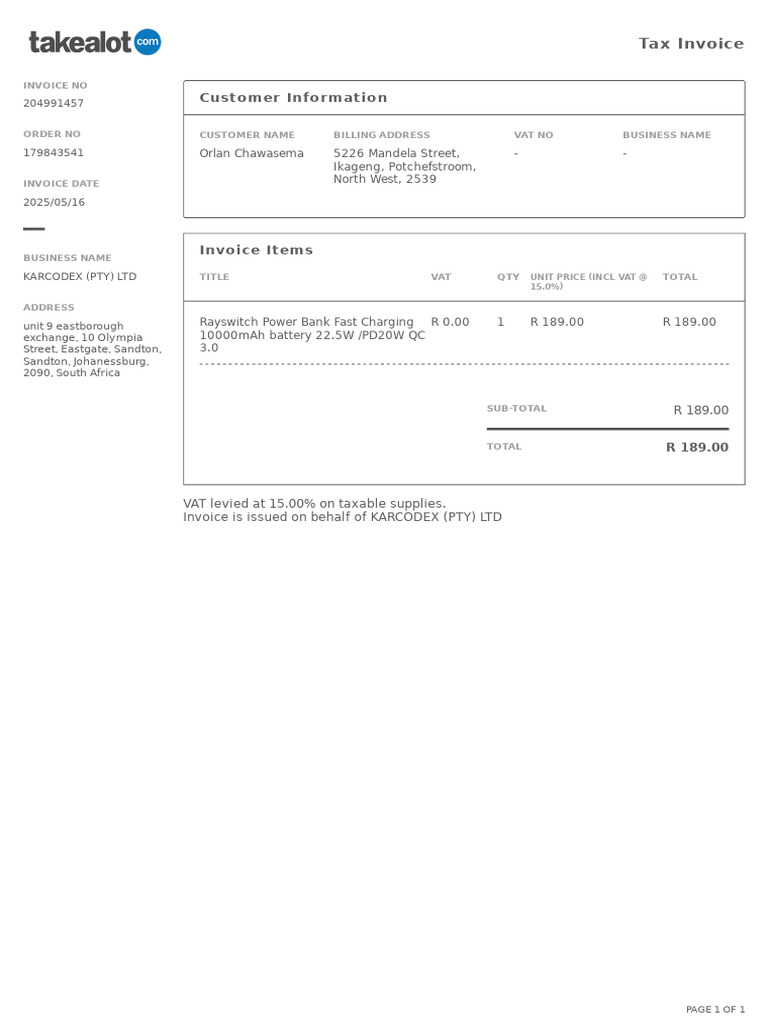 Tax Invoice for Rayswitch Power Bank | PDF