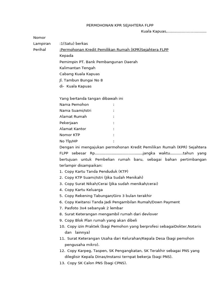 Permohonan KPR Sejahtera FLPP Kuala Kapuas | PDF