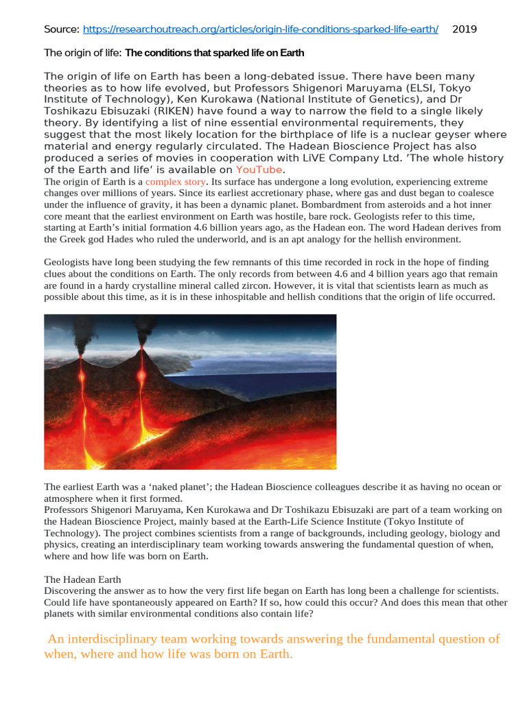 Source of Life - Early Earth Conditions | PDF | Abiogenesis | Earth