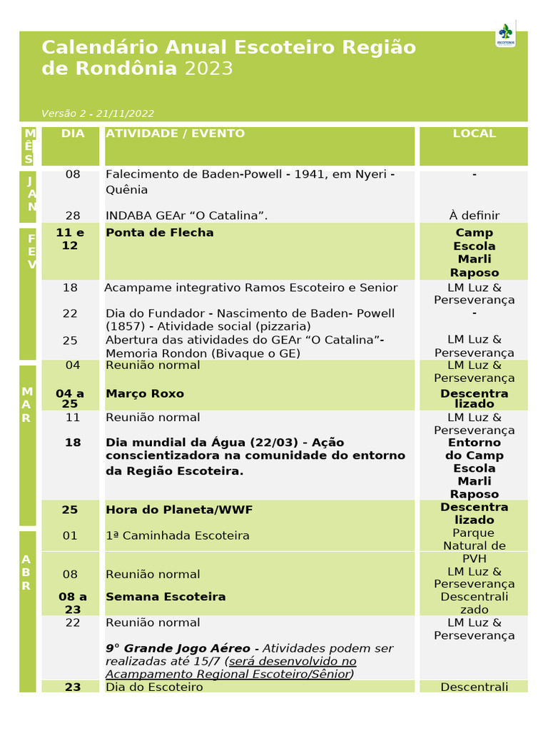 Calendario-De ATIVIDADES-2023-GEAr O Catalina | PDF | Escotismo | Movimentos juvenis