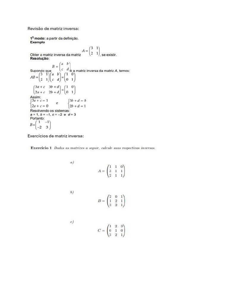 Exercícios Matriz Inversa | PDF