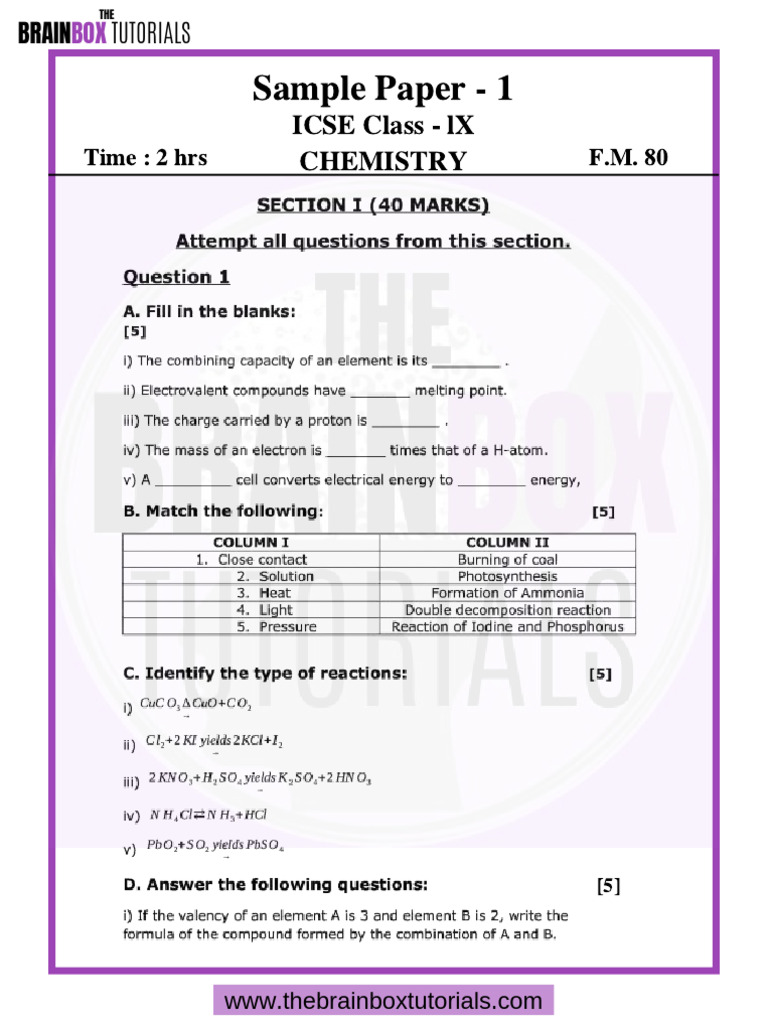 Chemistry Icse Class 9 Sample Paper 2021 the Brainbox Tutorials | PDF