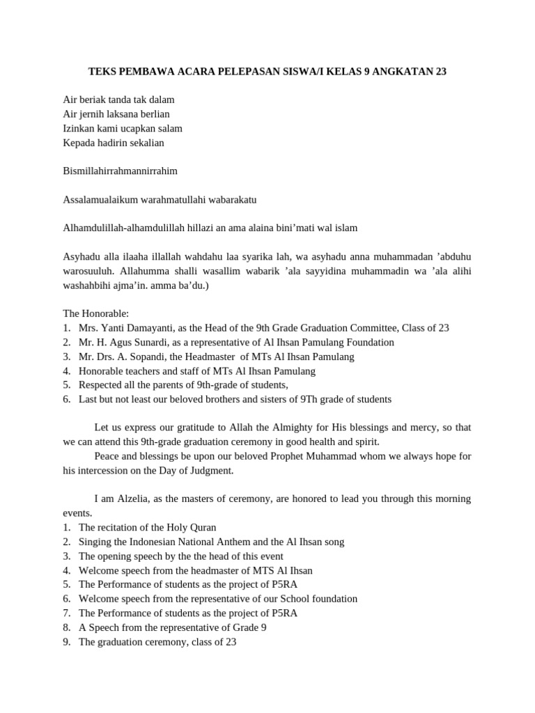 Teks MC Wisuda Kelas 9 Angkatan 23 | PDF | Abrahamic Religions ...