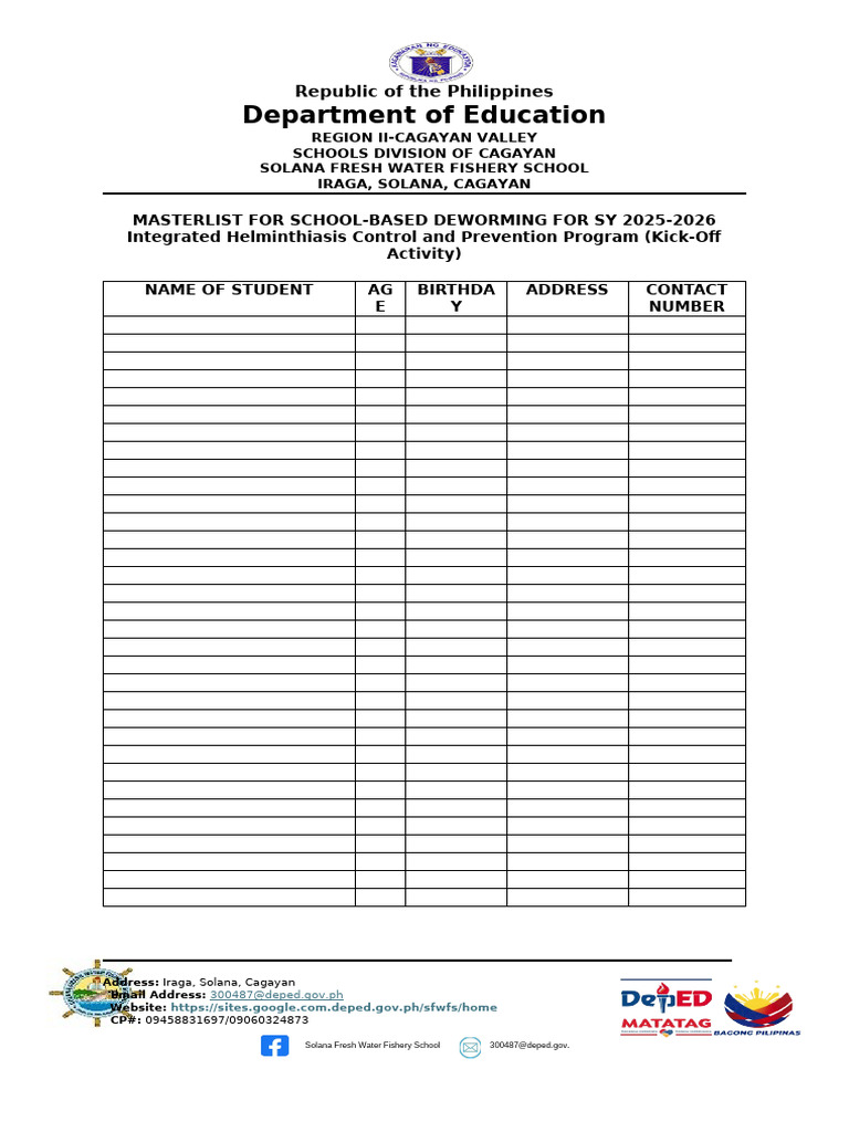 Masterlist For School Deworming Kickoff | PDF