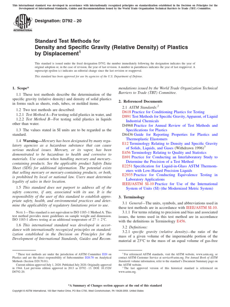 ASTM D792: Density Testing of Plastics | PDF | Density | Thermometer