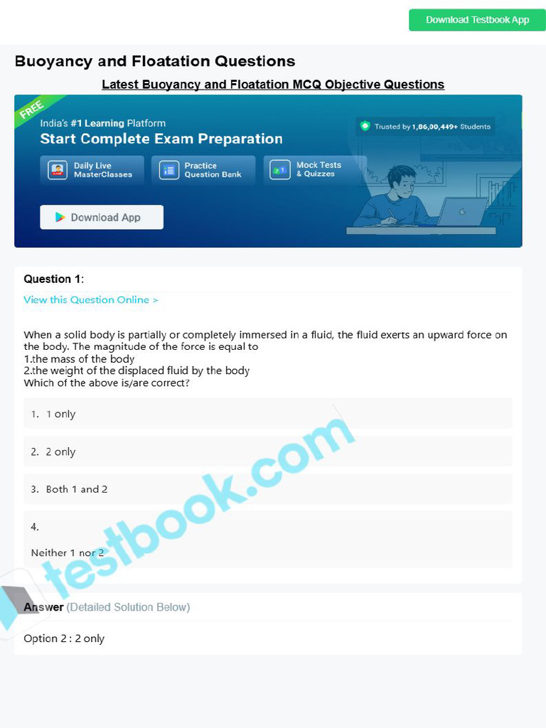 MCQ On Buoyancy and Floatation 5eea6a0c39140f30f369e14f | PDF