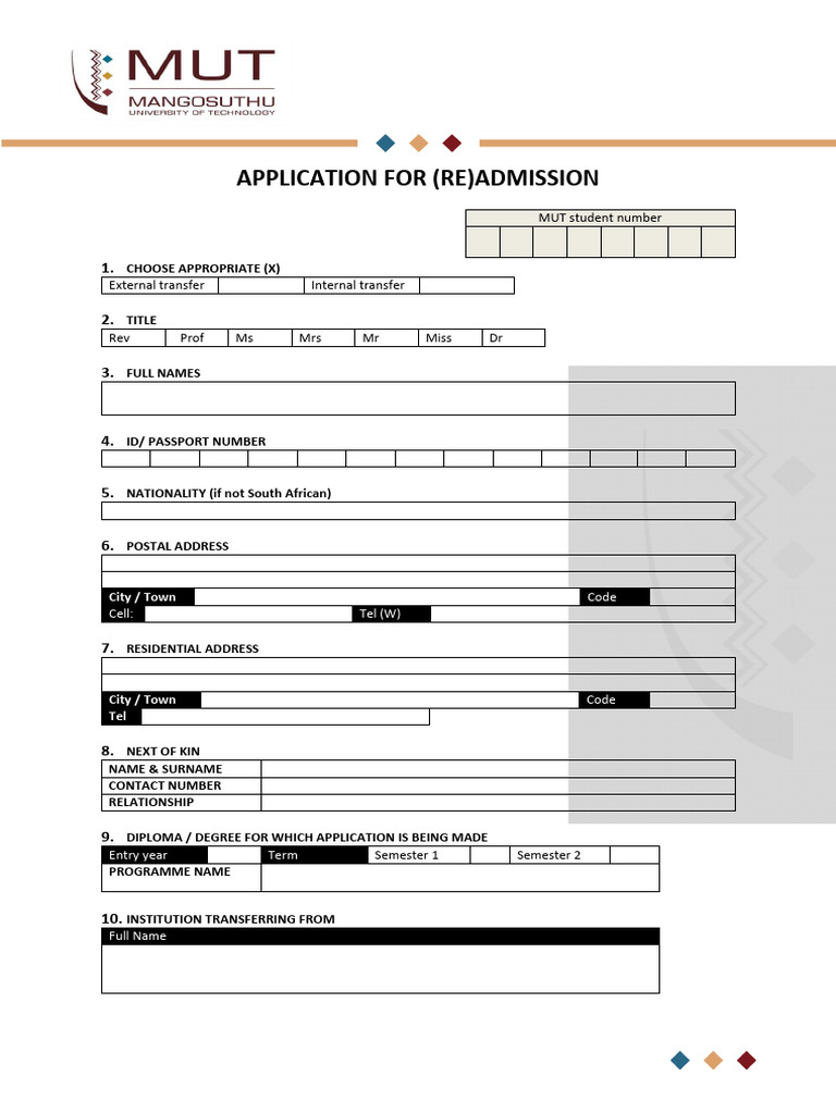 MUT Application for (Re)Admission Form | PDF