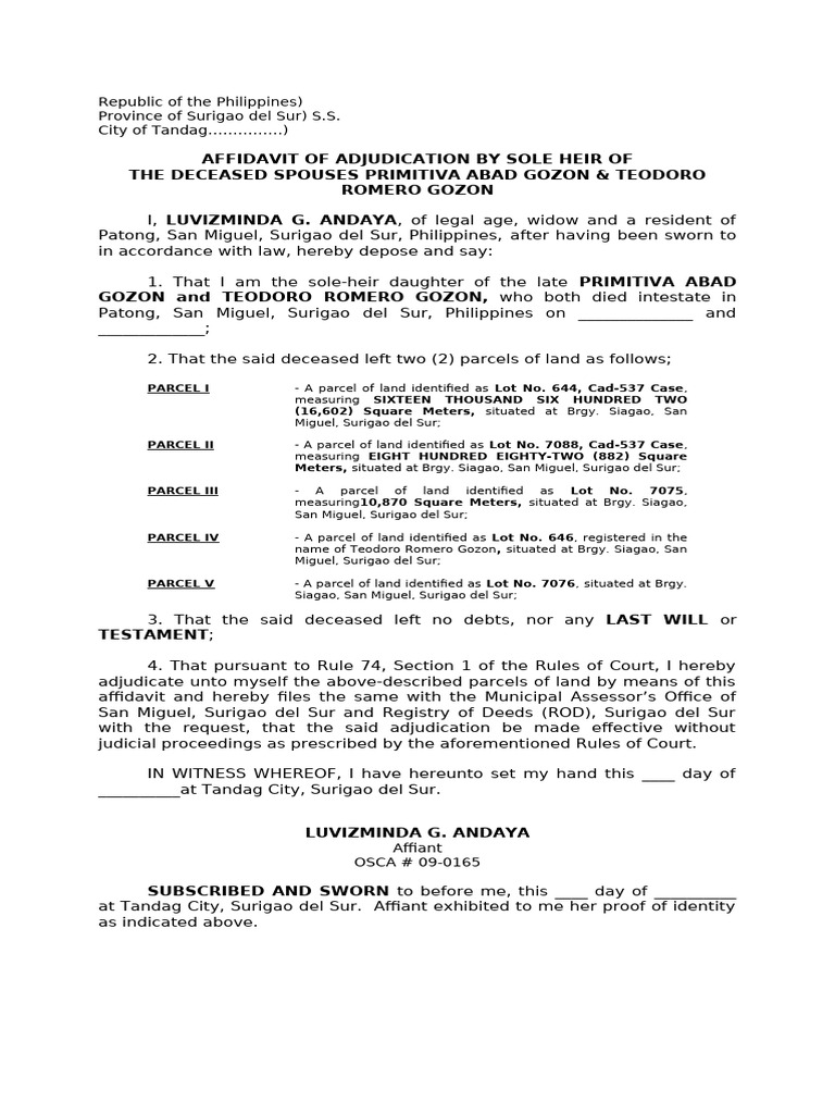 Self Adjudication by Sole Heir - Luvizminda G. Andaya | PDF | Affidavit ...