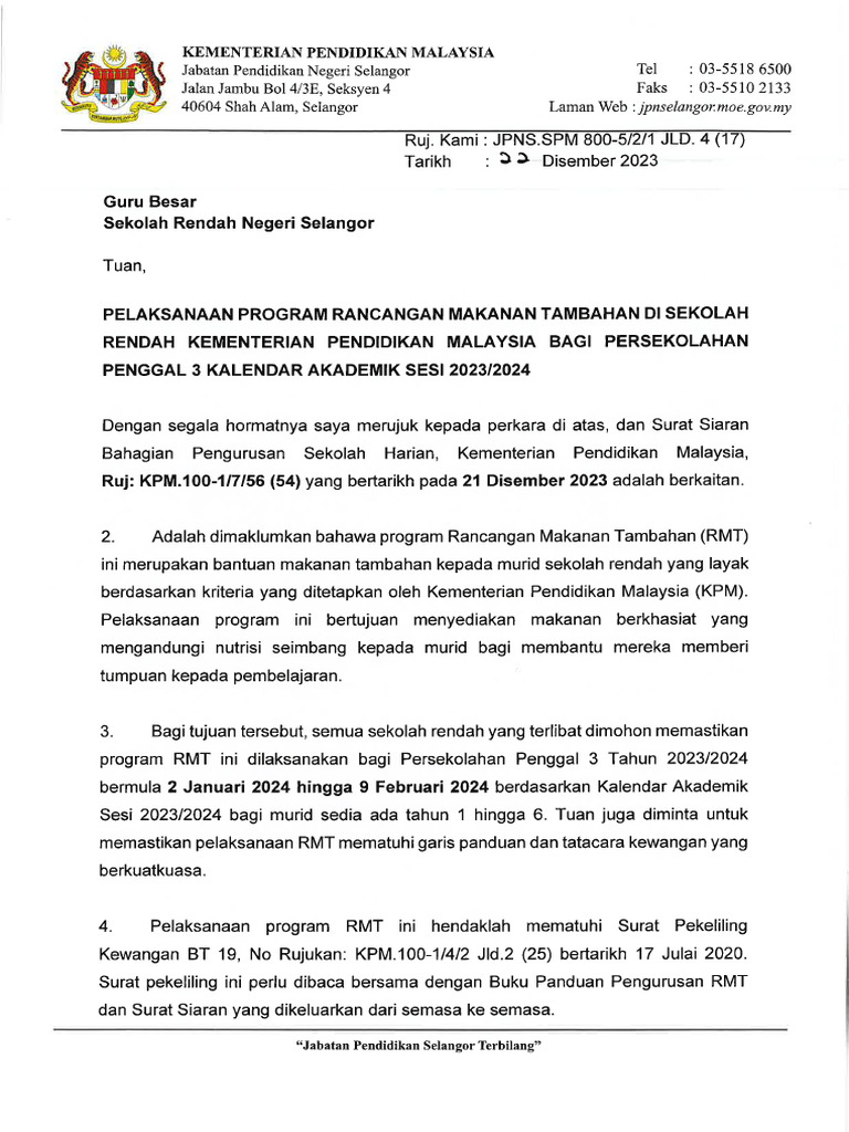 Surat Pelaksanaan RMT Penggal 3 | PDF