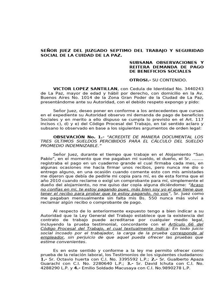 Demanda de Beneficios Sociales | PDF | Salario | Derecho laboral