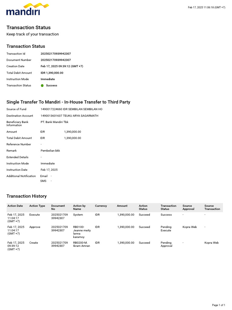 Successful Mandiri Transfer Status | PDF
