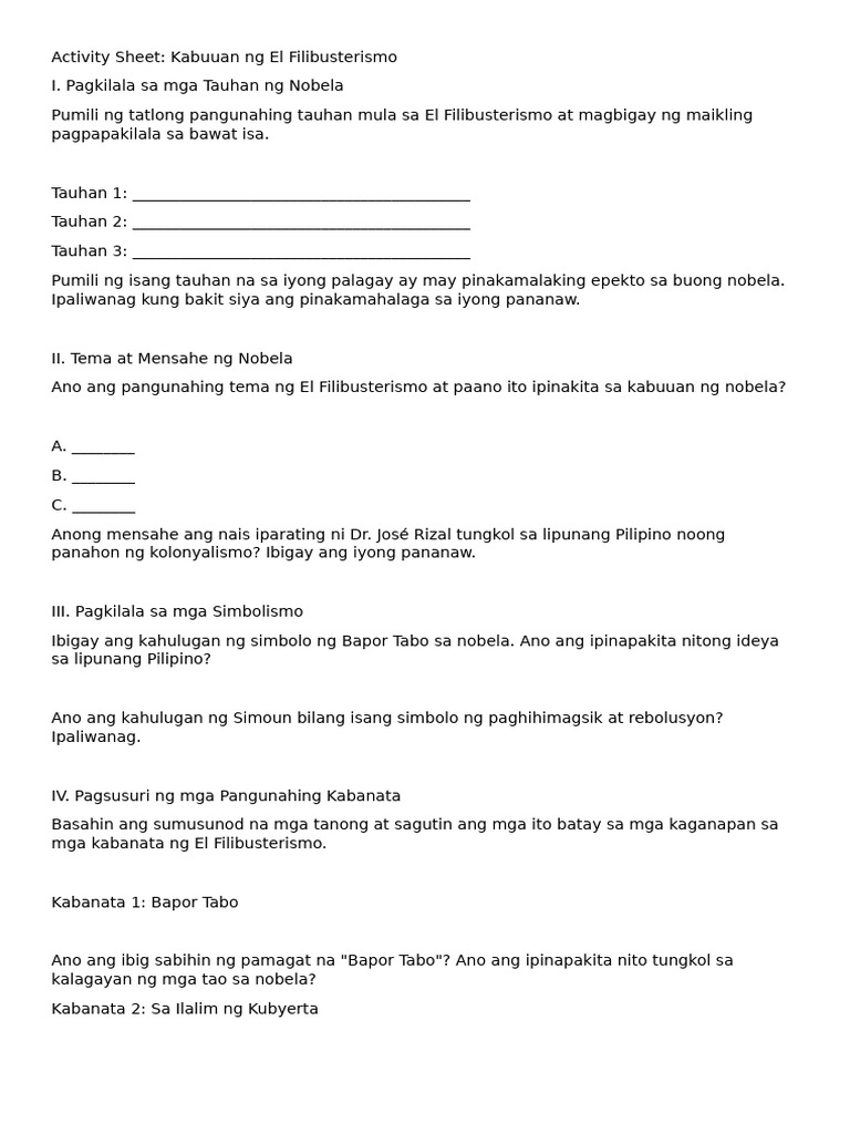 Activity Sheet Sa El Fili Kabuuan | PDF