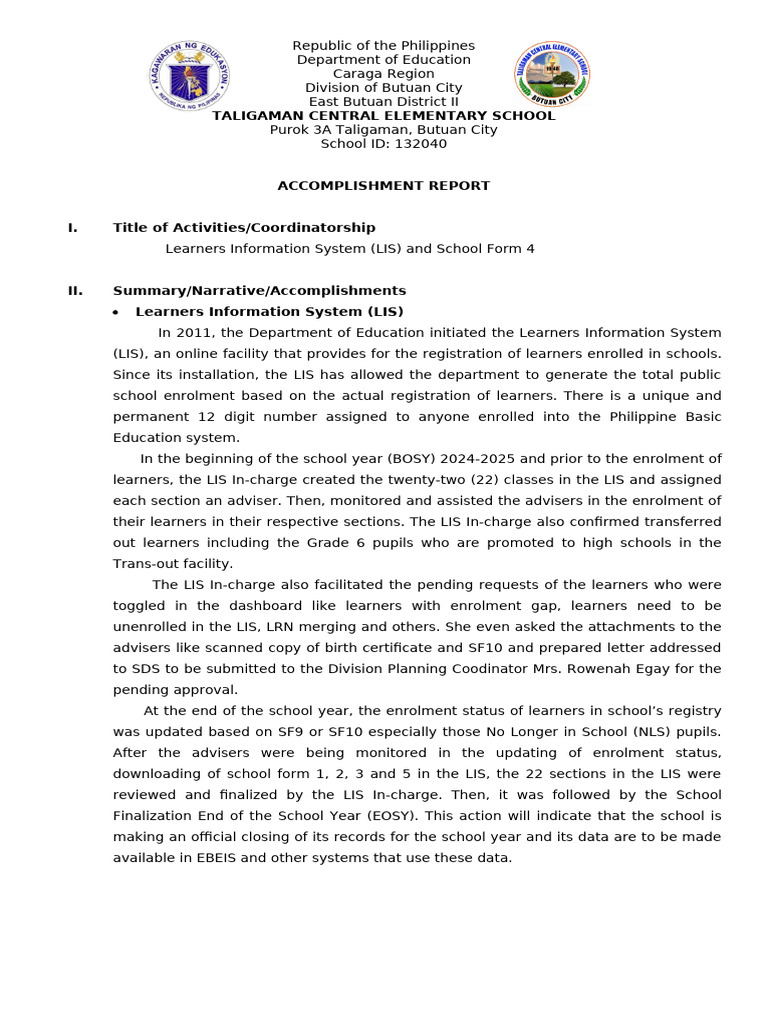 Accomplishment Report | PDF | Government