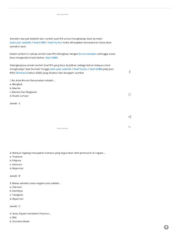 Soal Ujian Sekolah SD Kelas 6 Pelajaran IPS Dan Kunci Jawaban, Soal Try Out HIngga USBN 2025 ...