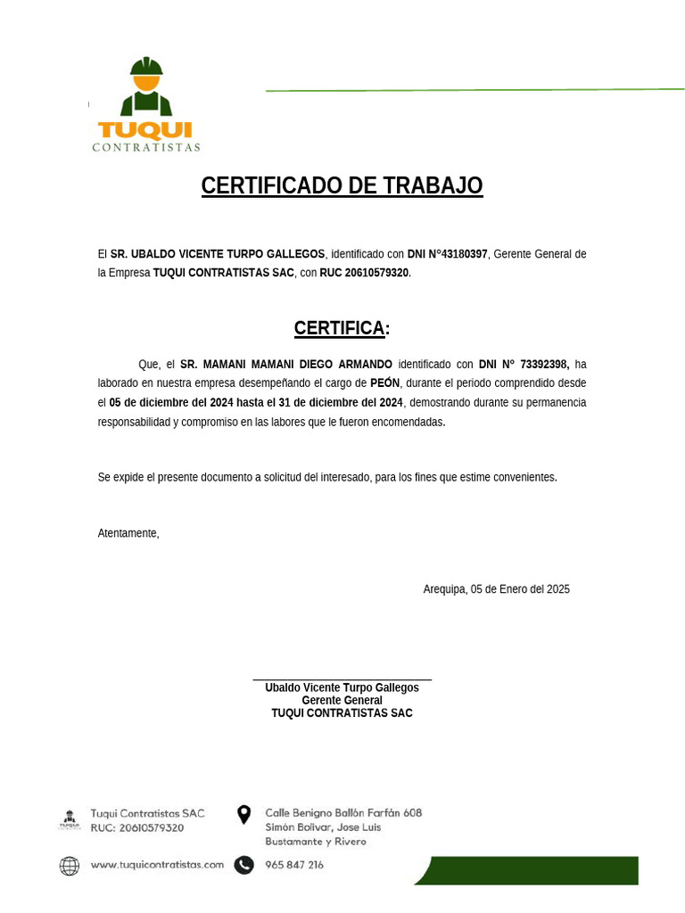 Certificado Mamani Mamani Diego Armando | PDF