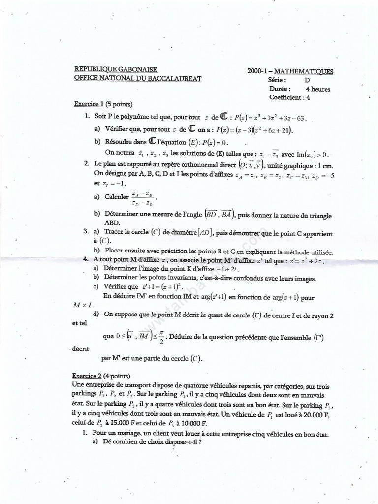 Bac 2000 Gabon Maths Series D | PDF