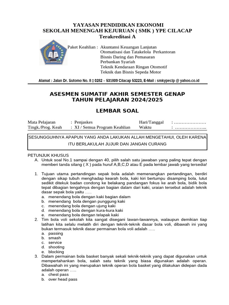 Asas Genap Pjok Kls Xi 2024-2025 | PDF