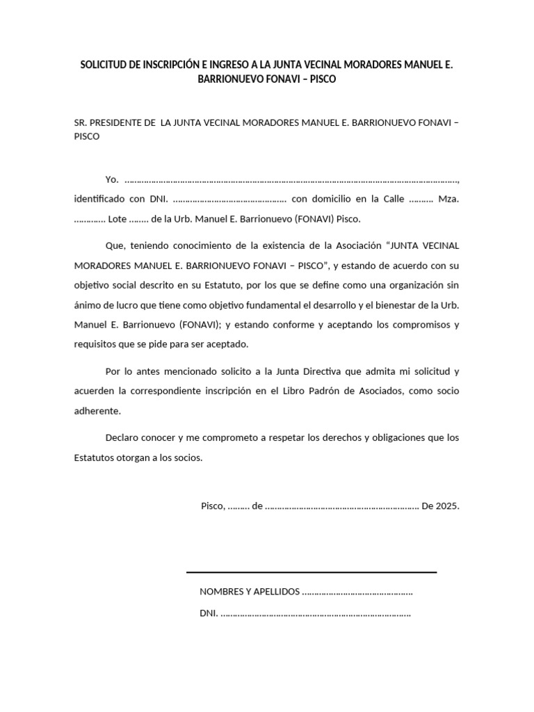 Solicitud de Inscripción e Ingreso A La Junta Vecinal Fonavi | PDF