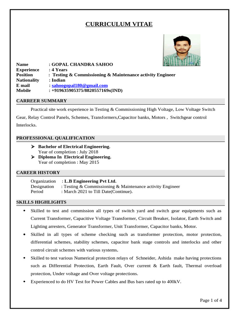 Gopal CH Sahoo New Resume 2024 | PDF | Power Engineering | Equipment