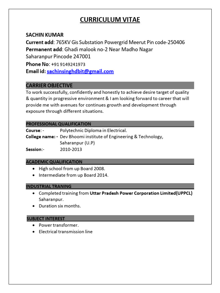 New Updated Resume Sachin Kumar-1742374130540 | PDF | Power Electronics | Electrical Engineering