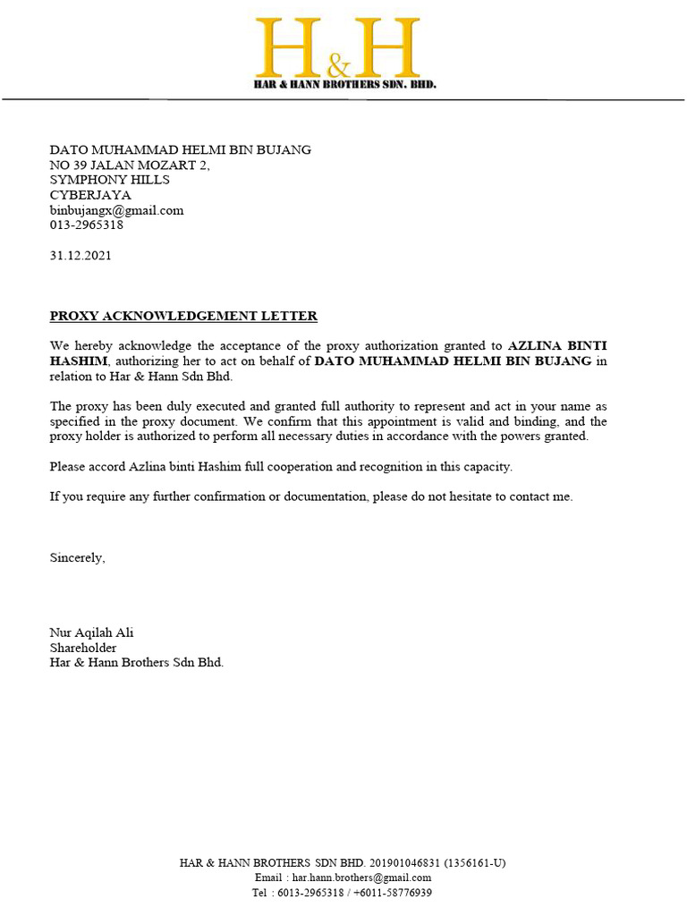 Proxy Letter Acknowledgement | PDF