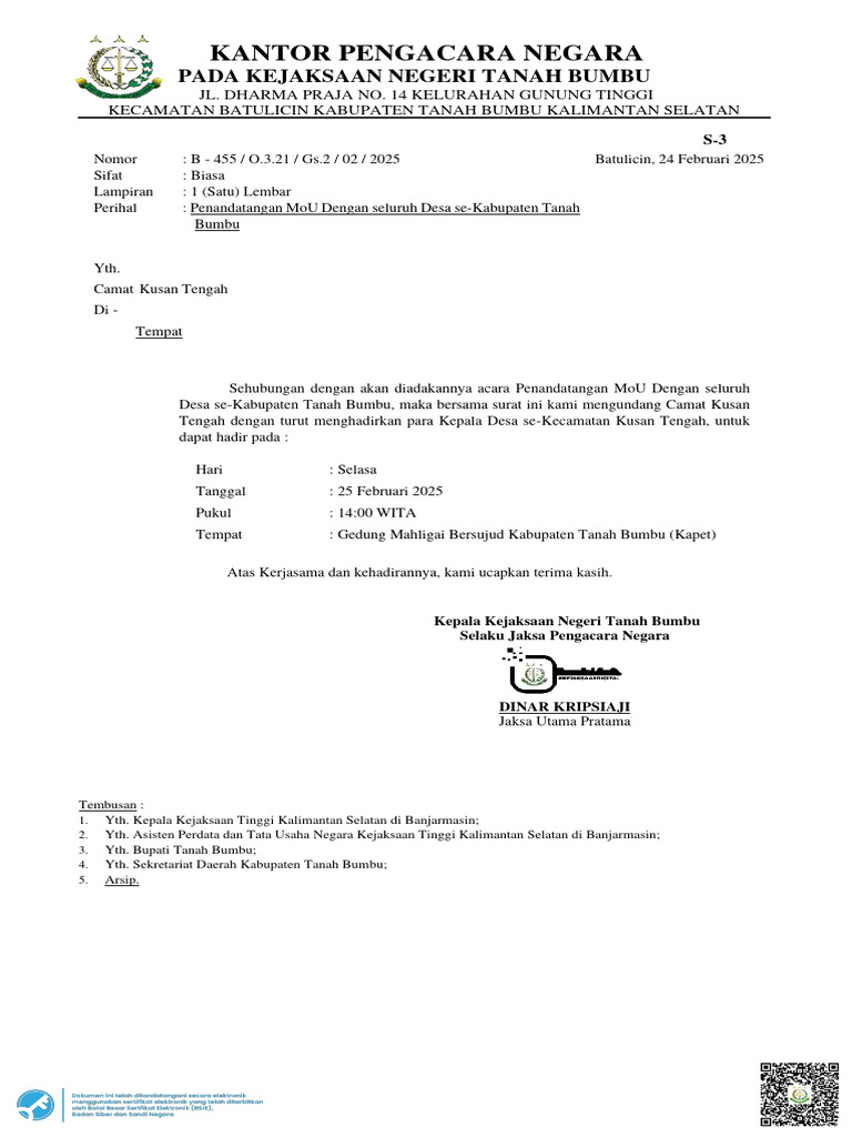 47. Undangan Acara MoU (Camat Kusan Tengah) Esign | PDF
