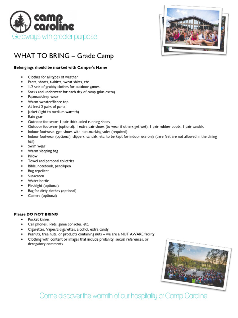 What To Bring List-Grade Camp | PDF