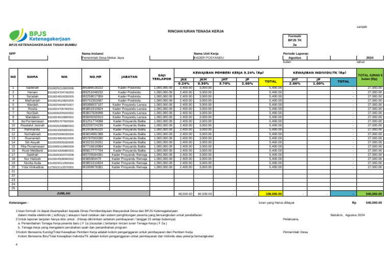 F2A Form Pelaporan Bulanan BPJS Ketenagakerjaan F2A | PDF