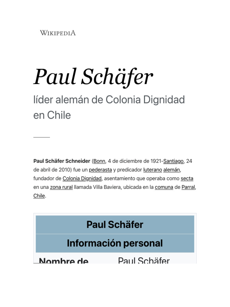 Paul Schäfer - Wikipedia, La Enciclopedia Libre | PDF | Chile